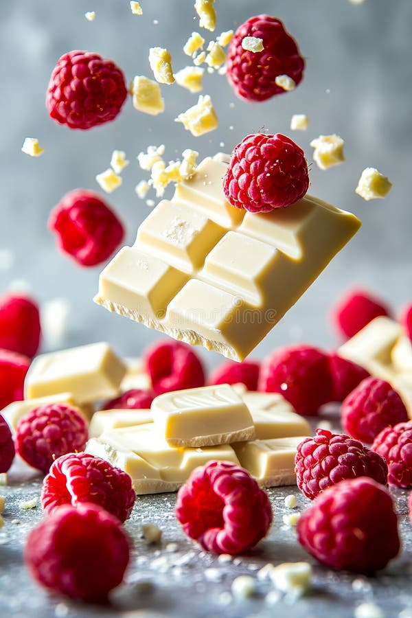 A Piece of White Chocolate with Raspberries Falling Out of it Stock ...