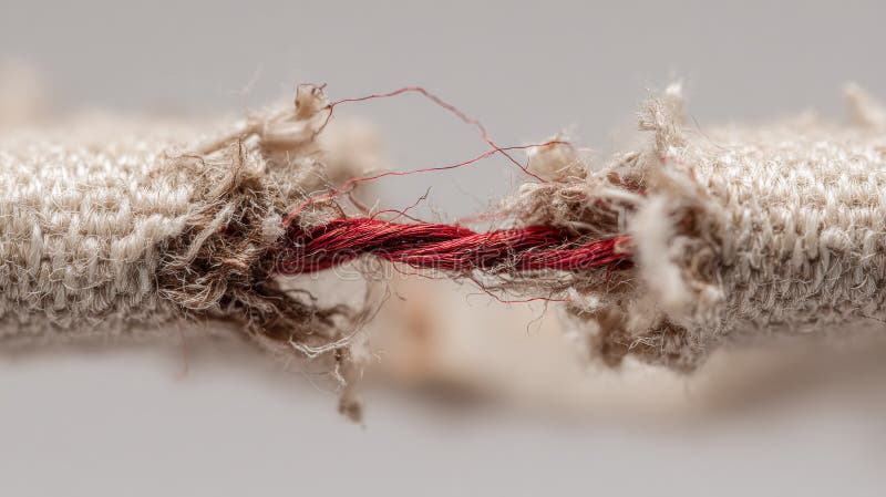 A Piece of Worn Fabric Violently Torn, with a Single Red Thread Still ...