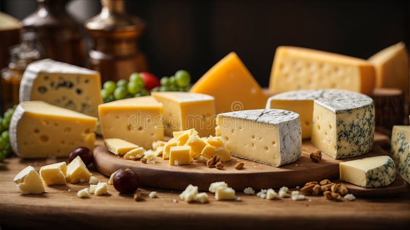 Pieces of Assorted Types of Cheese on a Wooden Table. Stock ...