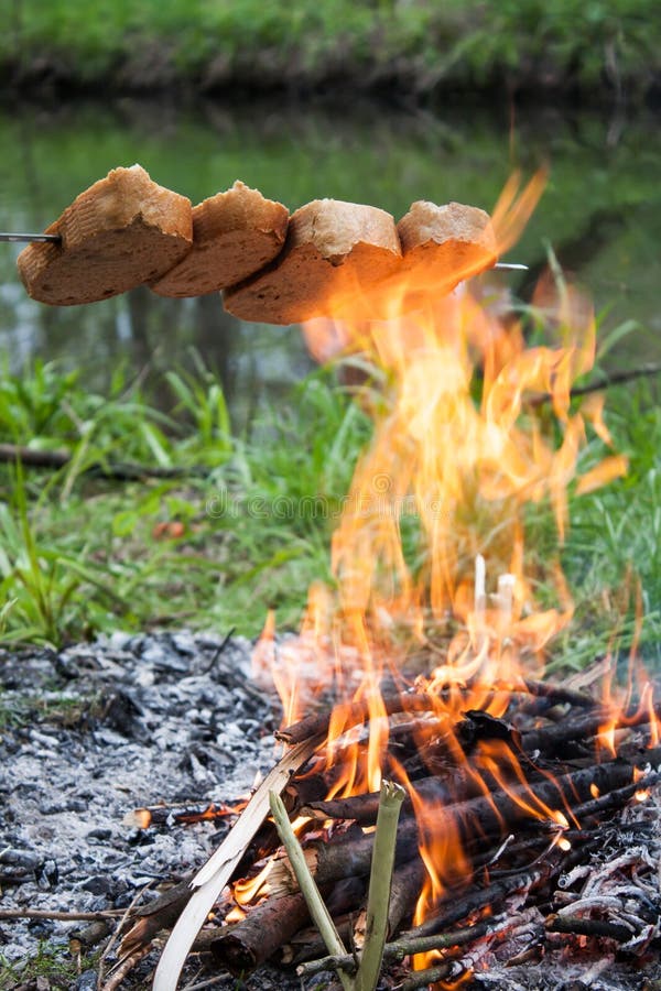 Bread roasting on the fire stock photo. Image of slice - 106711264
