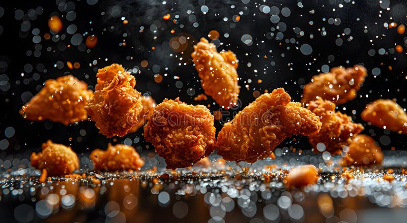 Pieces of Breaded Fried Chicken Falling Against a Black Background ...