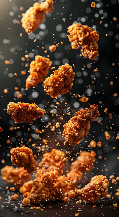 Pieces of Breaded Fried Chicken Falling Against a Black Background ...