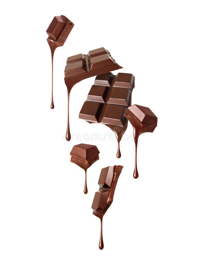 Pieces of Broken Chocolate Bar with Dripping Drops Isolated on a White ...