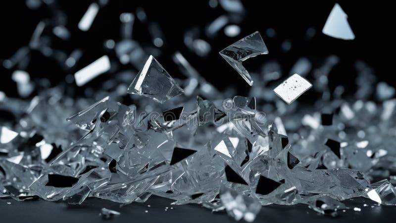 Pieces of Broken Glass Flying and Falling on Black Background Stock ...