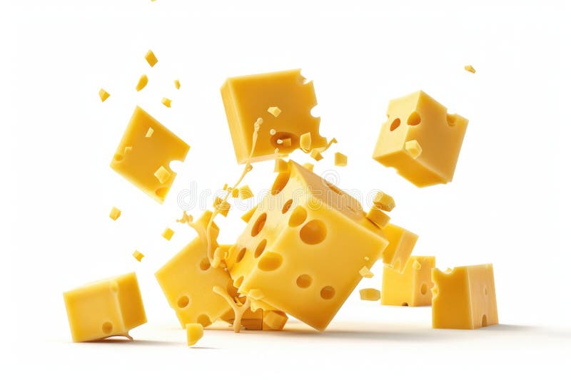 Pieces of Cheese Falling from the Ground, Scattered on a Surface Stock ...