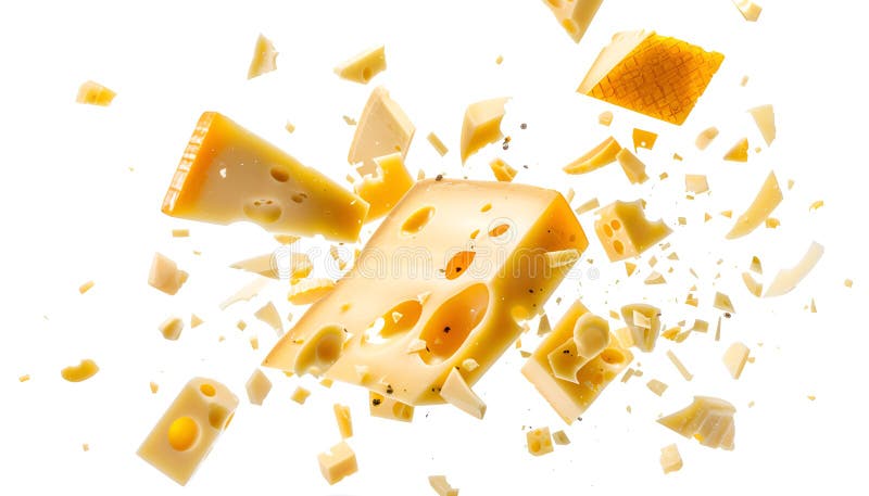 Pieces of Cheese Flying on White Stock Illustration - Illustration of ...