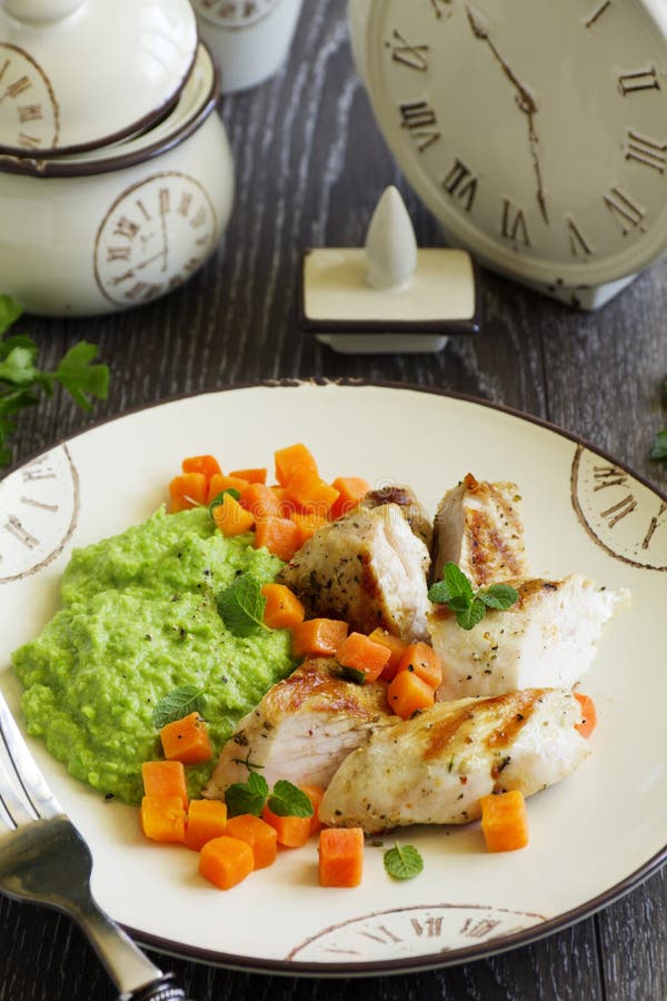 Pieces of Chicken with Pea Puree Stock Image - Image of turkey, food ...