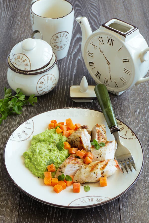 Pieces of Chicken with Pea Puree Stock Image - Image of prepared ...