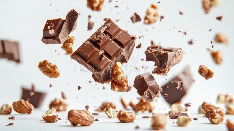 Pieces of Chocolate and Nuts Flying through the Air Stock Photo - Image ...