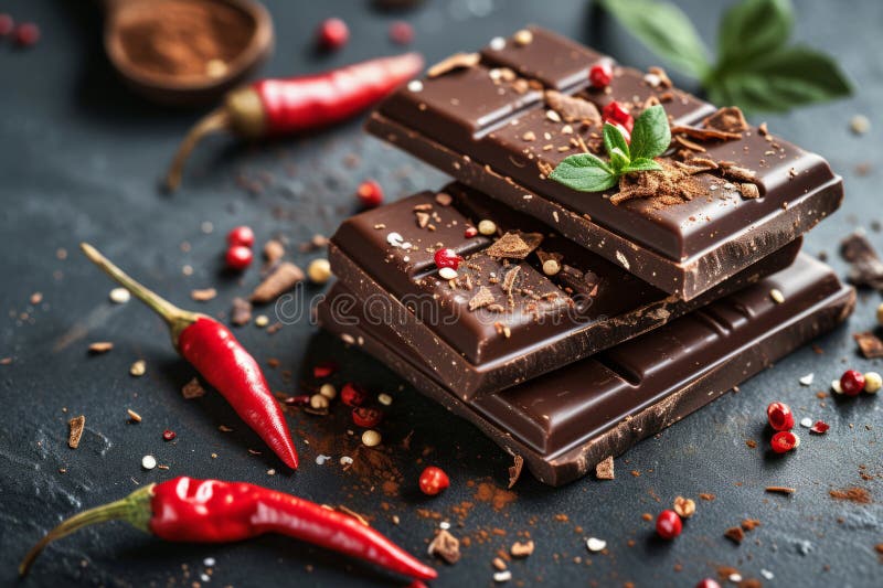 Pieces of Chocolate with Red Chilli Pepper. Chunks of Broken Dark ...