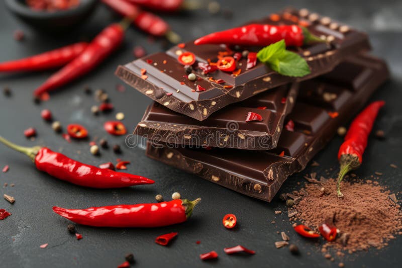 Pieces of Chocolate with Red Chilli Pepper. Chunks of Broken Dark ...