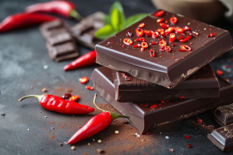 Pieces of Chocolate with Red Chilli Pepper. Chunks of Broken Dark ...