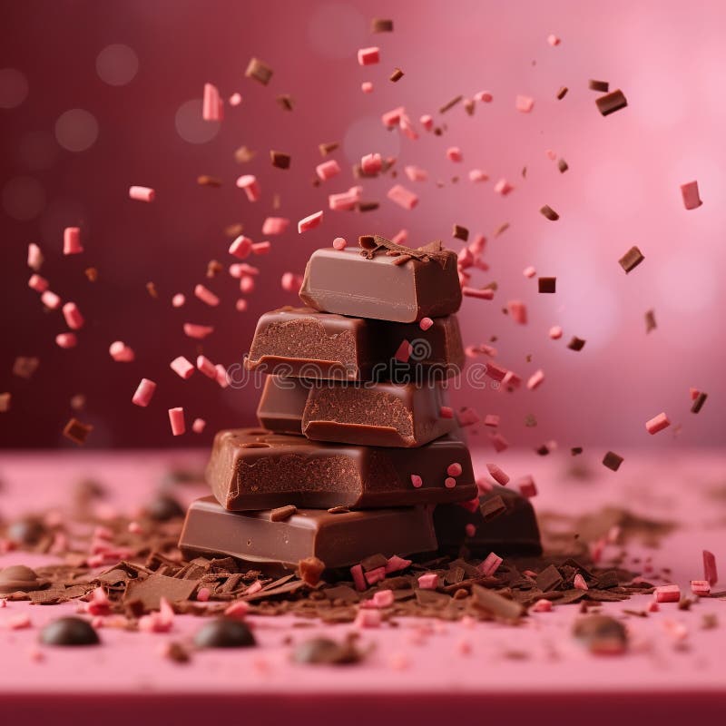 Pieces of Chocolate with Splashes and Drops of Chocolate on a Pink ...