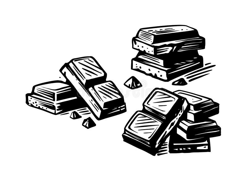 Pieces of Chocolate on White Background in Style of Stylized Sketch ...