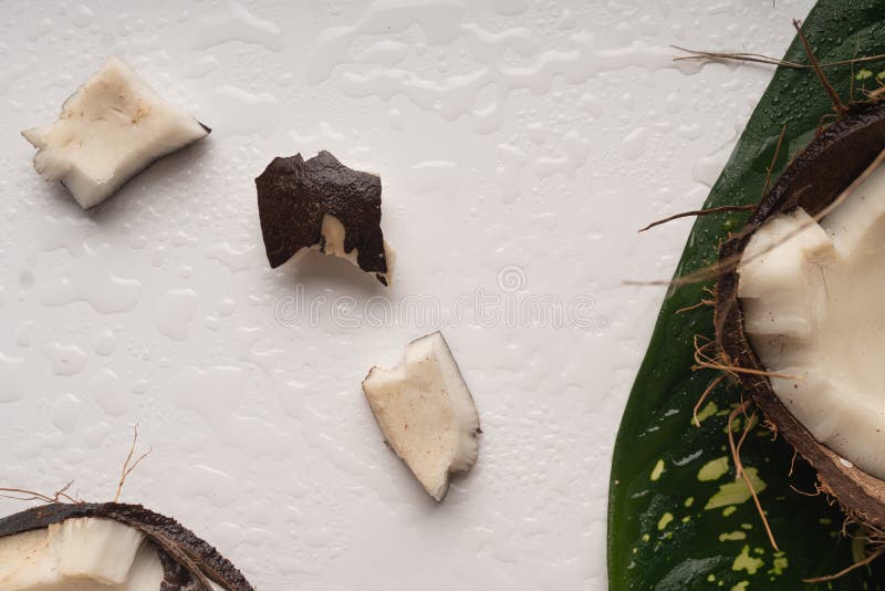 Pieces of Chopped Coconut Close Up on White Table, Close Up Stock Image ...