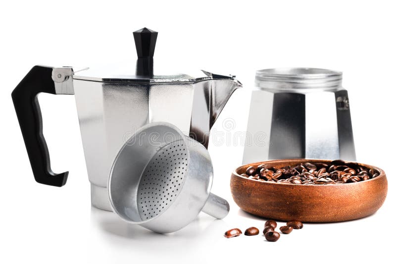 Pieces of Classic Geyser Coffeemaker and Grain Coffee Closeup Isolated ...