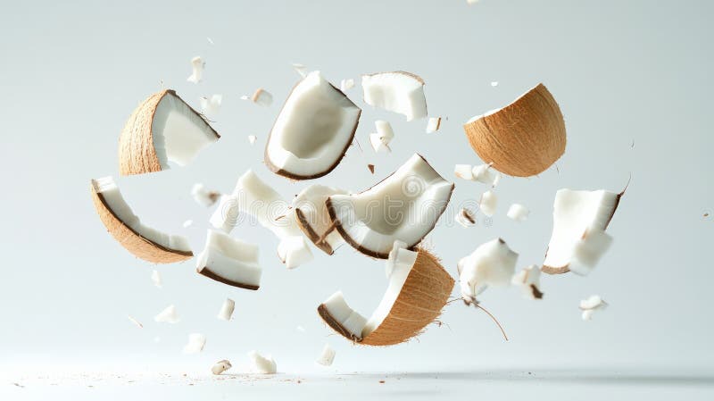 Pieces of Coconut Exploding and Levitating on White Background Stock ...