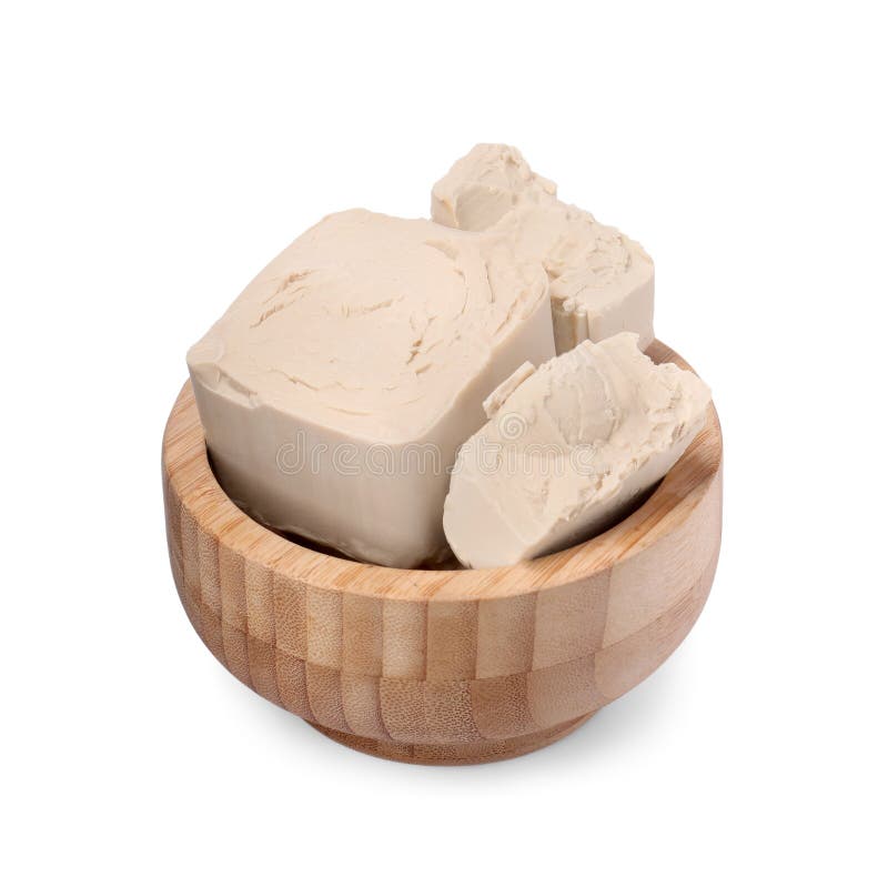 Pieces of Compressed Yeast in Wooden Bowl Isolated on White Stock Image ...