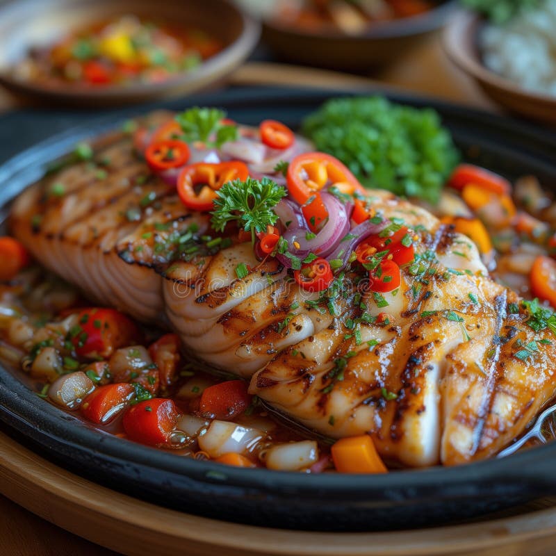 Pieces of Cooked Fish in Sauce with Vegetables Stock Illustration ...