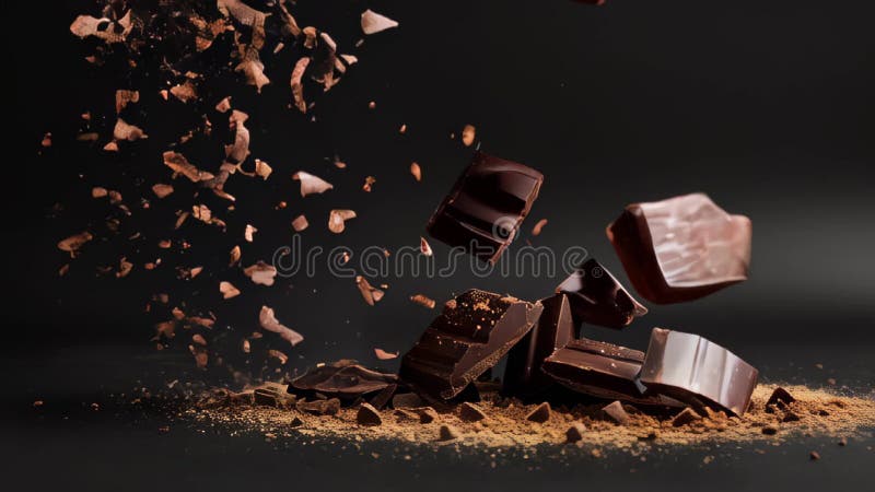 Pieces and Crumbs of Dark Chocolate Fall Onto a Black Surface and Melt ...