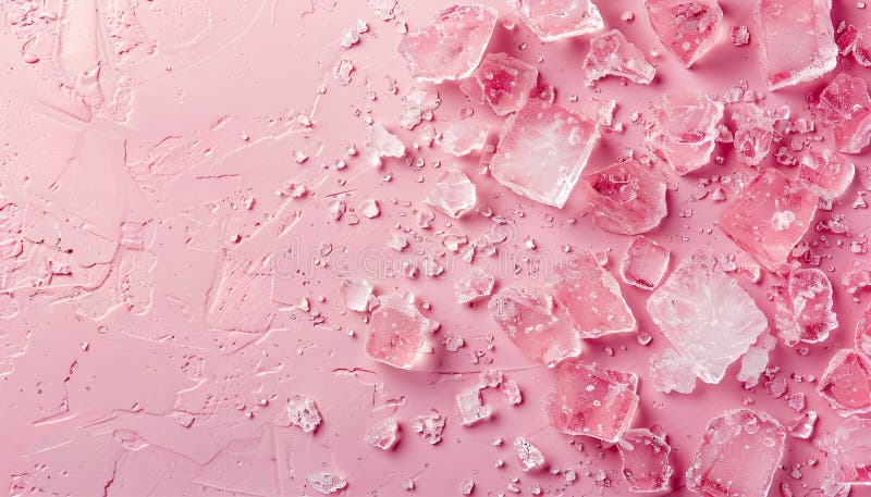 Pieces of Crushed Ice on Pink Background, Top View. Space for Text ...