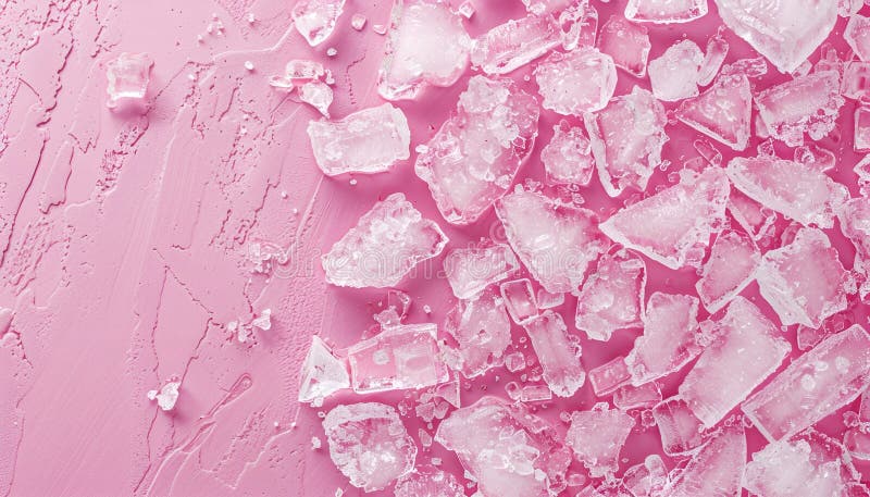 Pieces of Crushed Ice on Pink Background, Top View. Space for Text ...