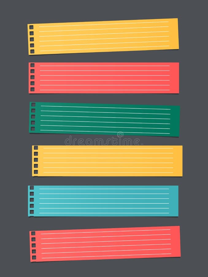 Pieces of Cut Colorful Lined Notebook Paper, Banners are Stuck on Dark ...