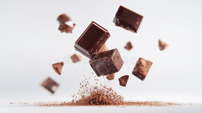 Pieces of Dark Chocolate Bar and Cocoa Powder Exploding on White ...