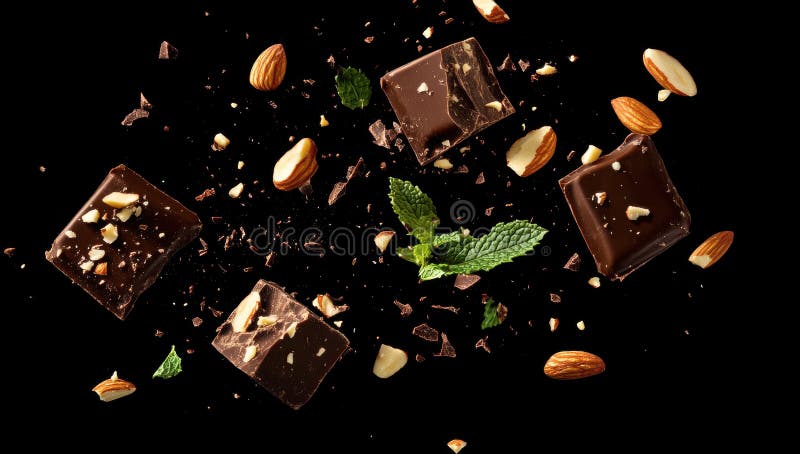 Pieces of Dark Chocolate Bar Exploding with Almonds and Mint Leaves on ...