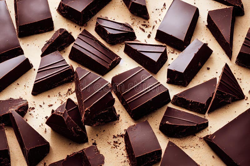Pieces of Dark Chocolate Bar with Chocolate Strips and Crumbs on Beige ...