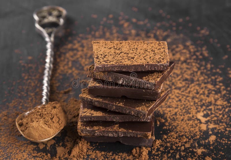 Pieces of Dark Chocolate and Cocoa Powder Stock Image - Image of chunk ...