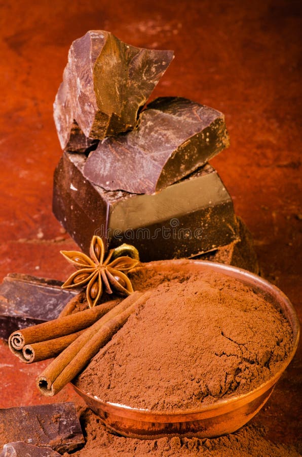 Pieces of Dark Chocolate and Cocoa Powder Stock Image - Image of aroma ...