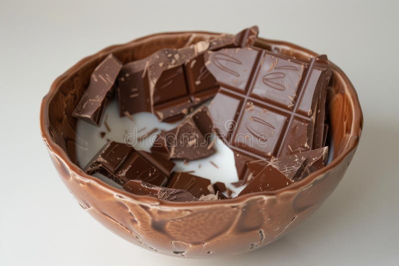 Pieces of Dark Chocolate Melting in Milk in a Brown Bowl Stock Photo ...
