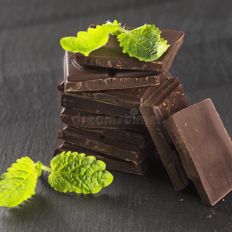 Pieces of Dark Chocolate and Mint Stock Image - Image of pile, cacao ...
