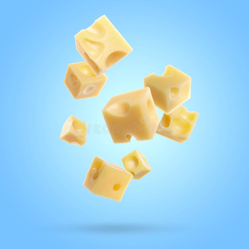 Pieces of Delicious Cheese Falling on Light Blue Background Stock Image ...
