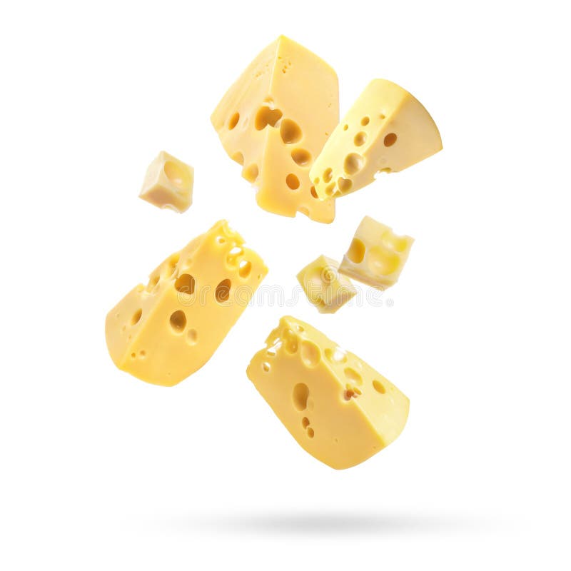 Pieces of Delicious Cheese Falling on White Background Stock Photo ...
