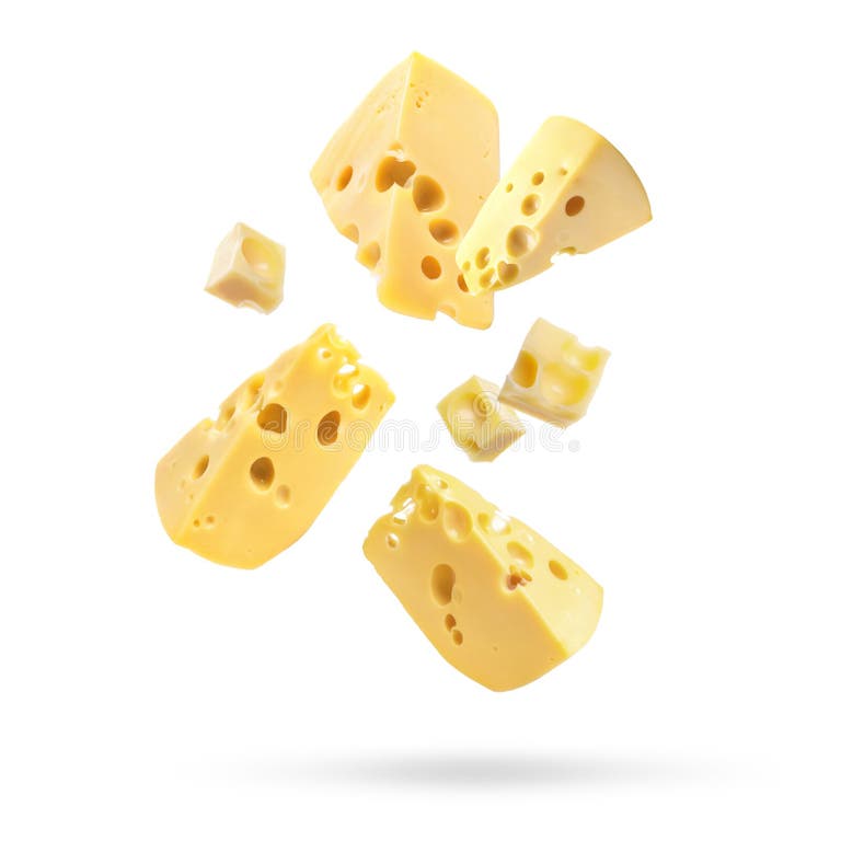 Pieces of Delicious Cheese Falling on White Background Stock Photo ...