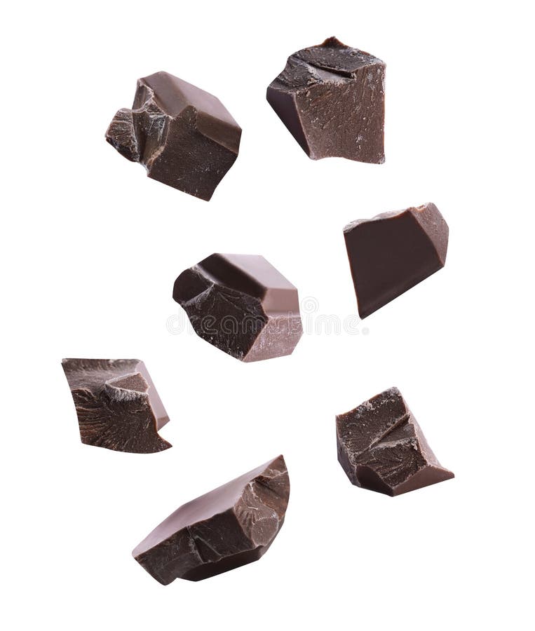 Pieces of Delicious Dark Chocolate Falling on Background Stock Photo ...