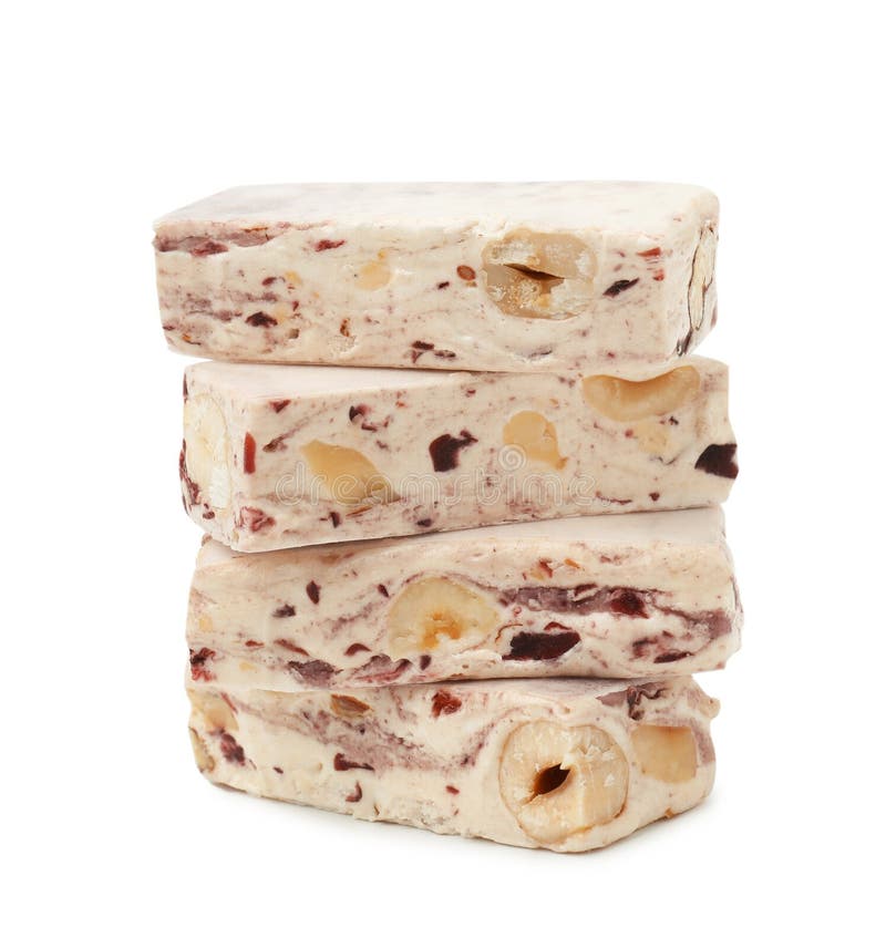 Pieces of Delicious Nougat on White Background Stock Photo - Image of ...