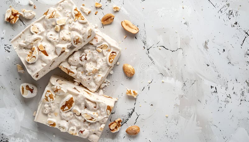 Pieces of Delicious Nutty Nougat on Light Gray Table, Top View. Space ...