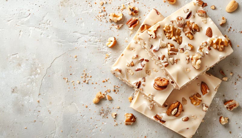 Pieces of Delicious Nutty Nougat on Light Gray Table, Top View. Space ...