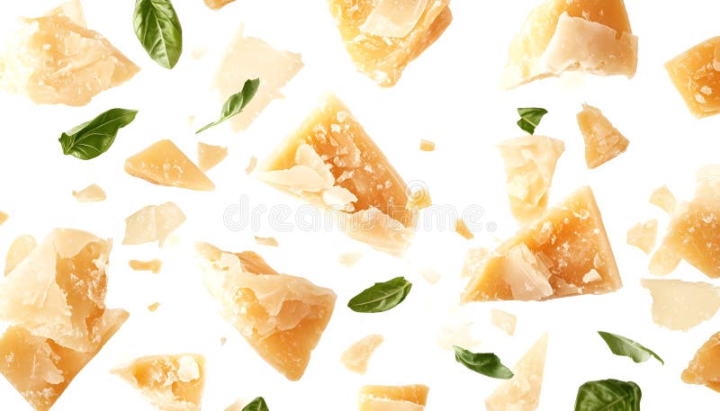 Pieces of Delicious Parmesan Cheese Flying on White Background Stock ...