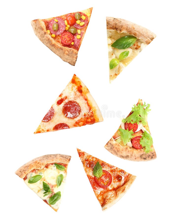 Pieces of Different Pizzas Falling on White Background Stock Photo ...