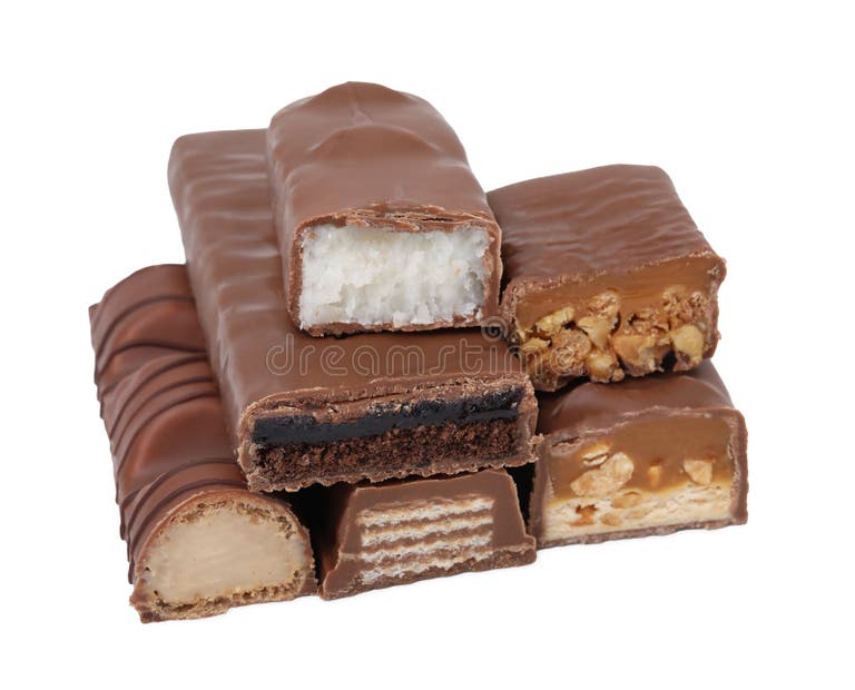 Pieces of Different Tasty Chocolate Bars on White Background Stock ...