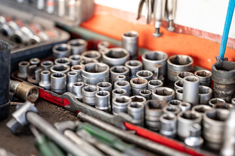 Pieces of Drive Socket Wrench Set on the Workbench Stock Image - Image ...