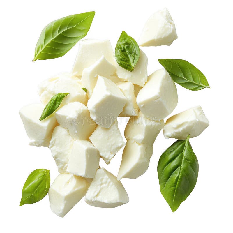 Pieces of Feta Cheese with Basil, Isolated on Transparent Background ...