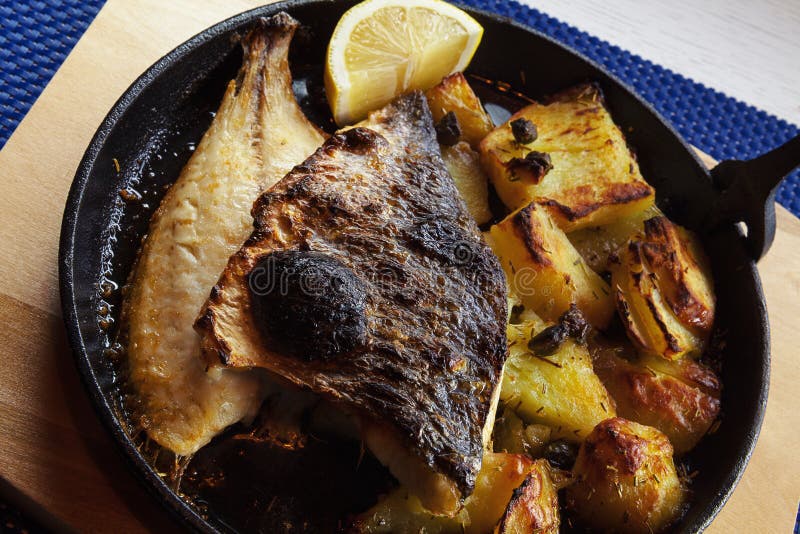 Pieces of Fish and Potato in Pan Stock Photo - Image of ingredients ...