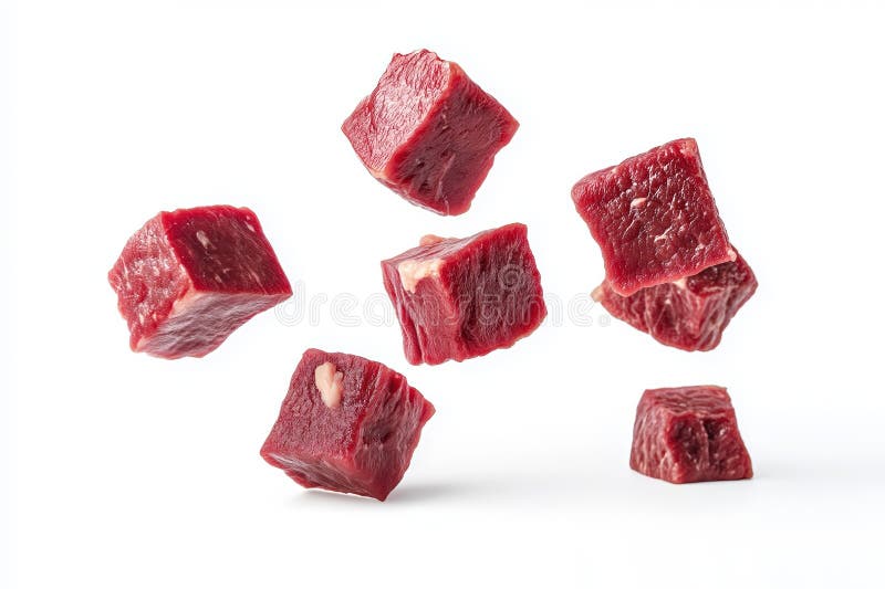 Pieces of Fresh Beef Cubes Falling Down on White Background Stock ...