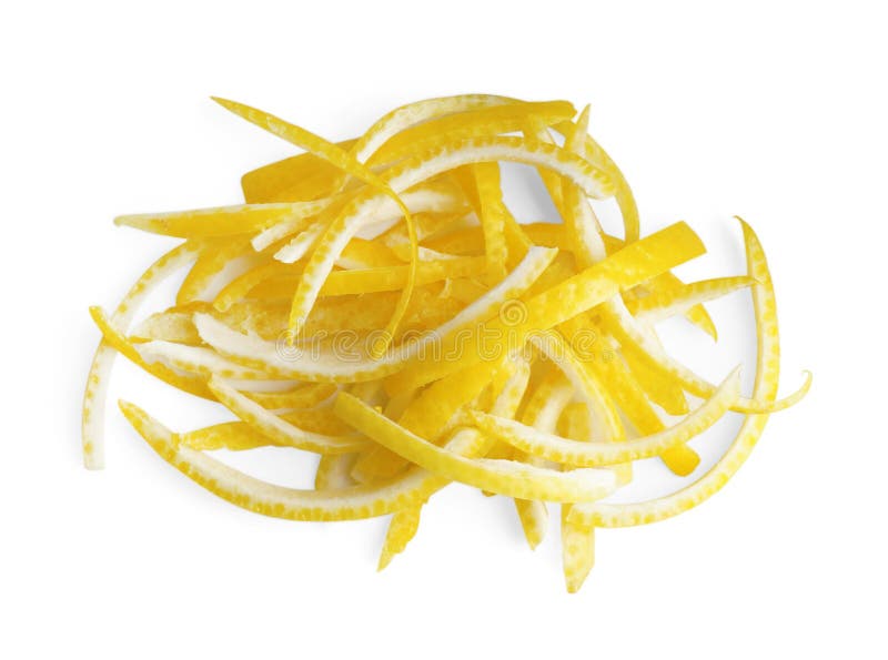 Pieces of Fresh Lemon Peel on White Background, Top View. Citrus Zest ...