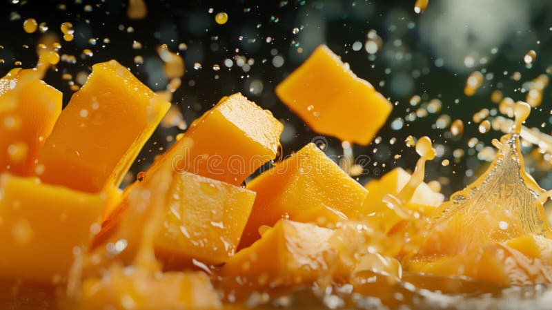 Pieces of Fresh Mango Falling into Juice on Black Background Stock ...